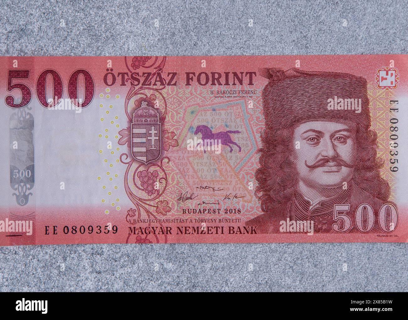 Banknote of 500 forints, the national currency of Hungary, front view ...
