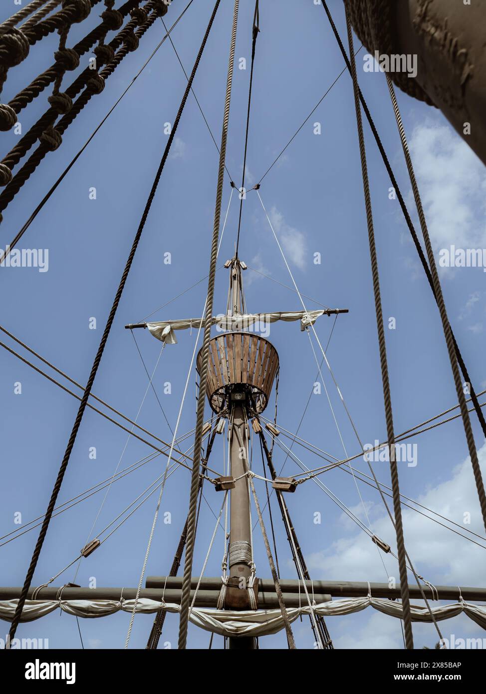 Low angle view of the mast of the historical replica carrack ship Nao ...