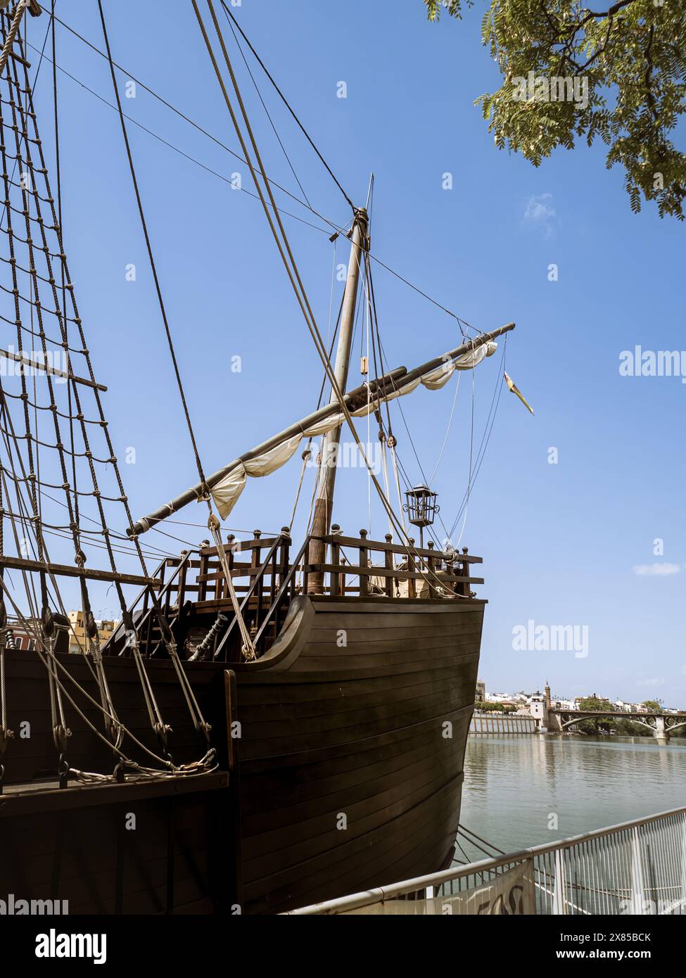The stern castle of Nao Victoria replica carrack ship docked at the ...