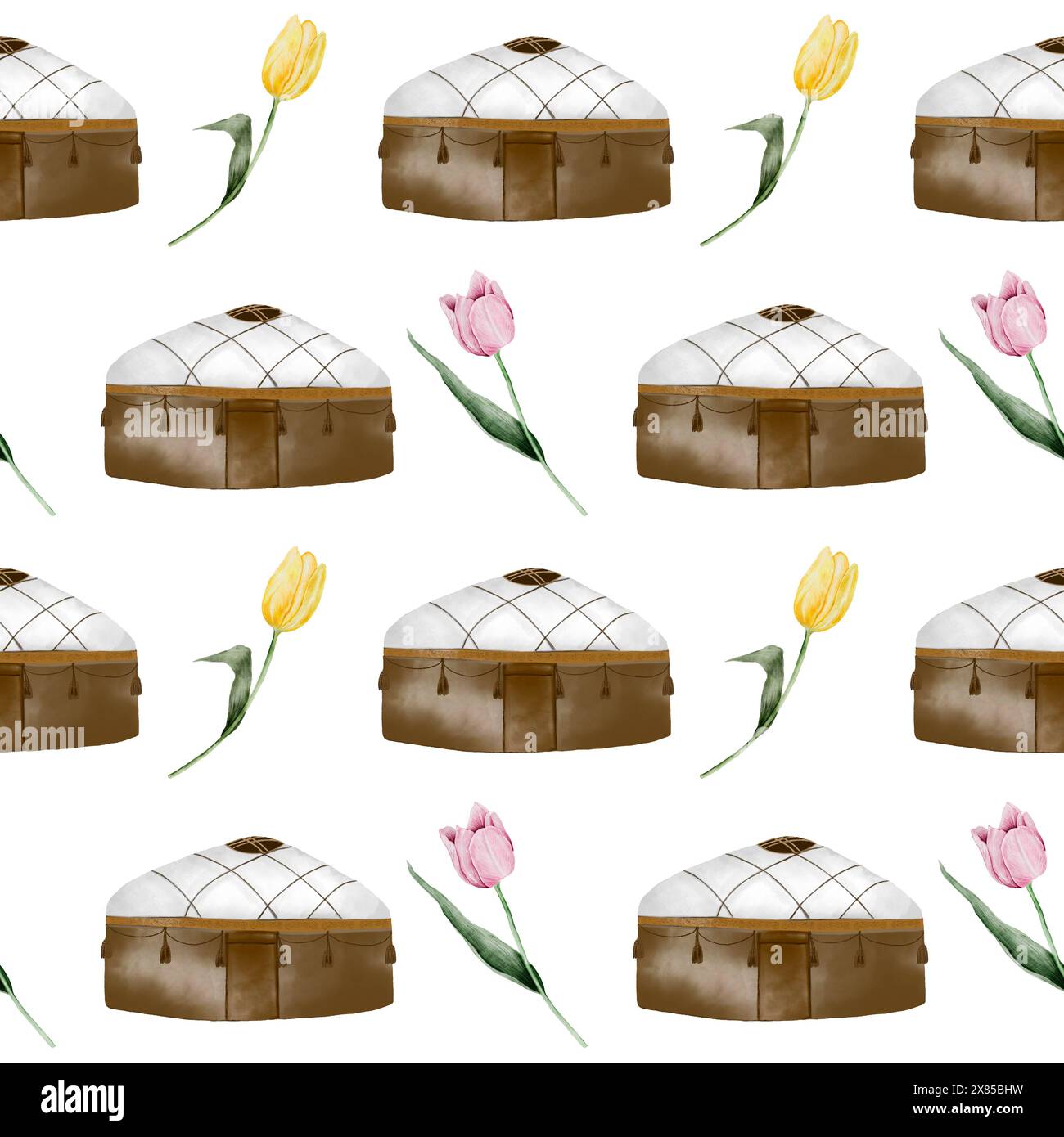 Kazakh pattern seamless watercolor. Spring print with yurts and tulips ...