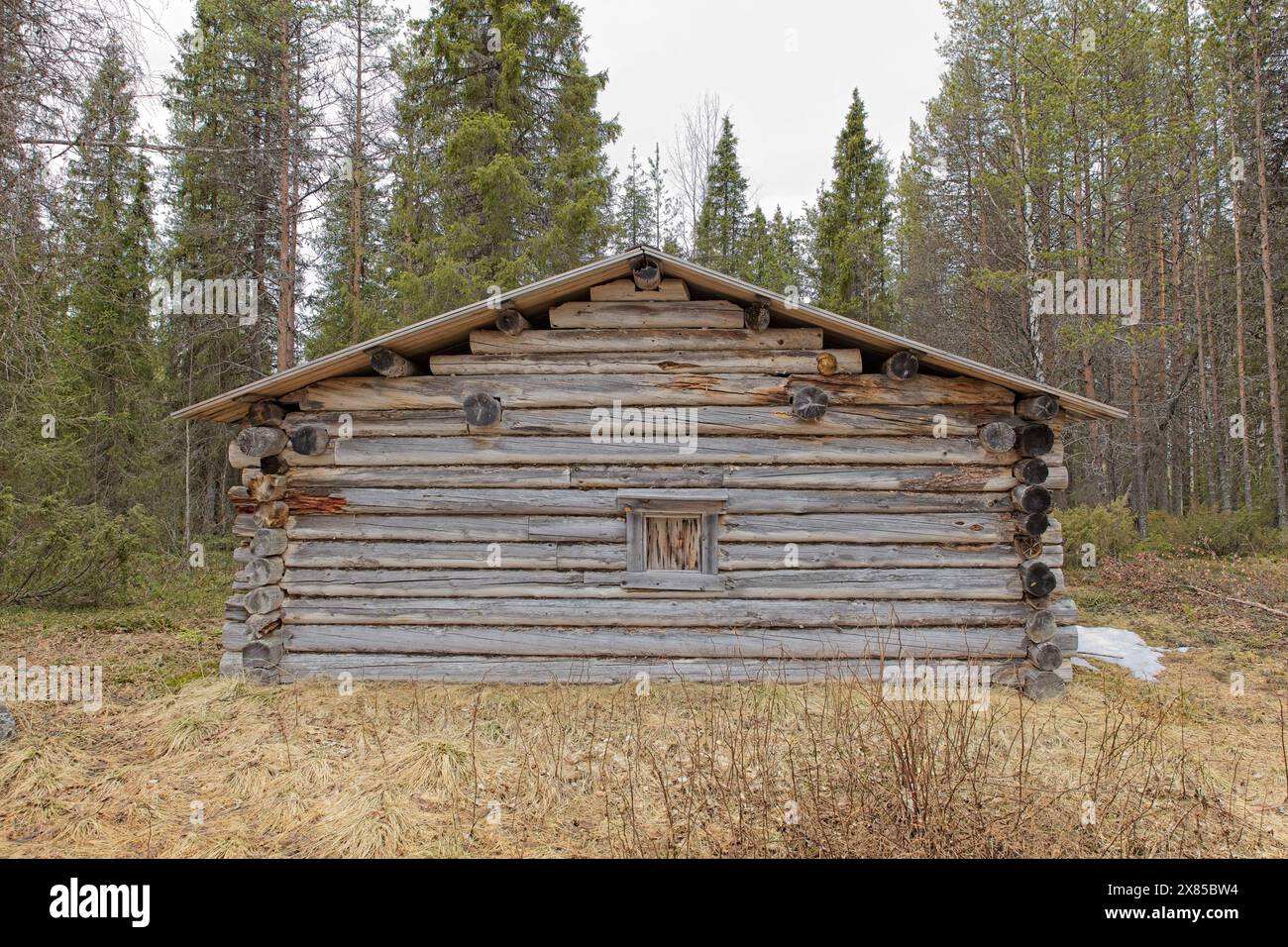Old log cabin in cloudy spring weather at Riutukka Log Floating Museum ...