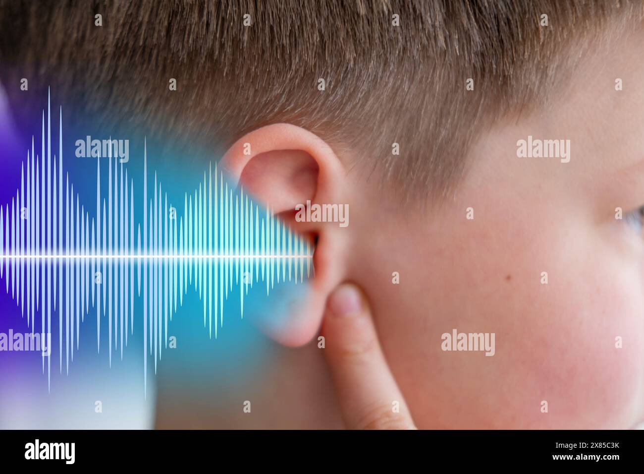 ear closeup, child listening, sound wave, acoustics and sound ...