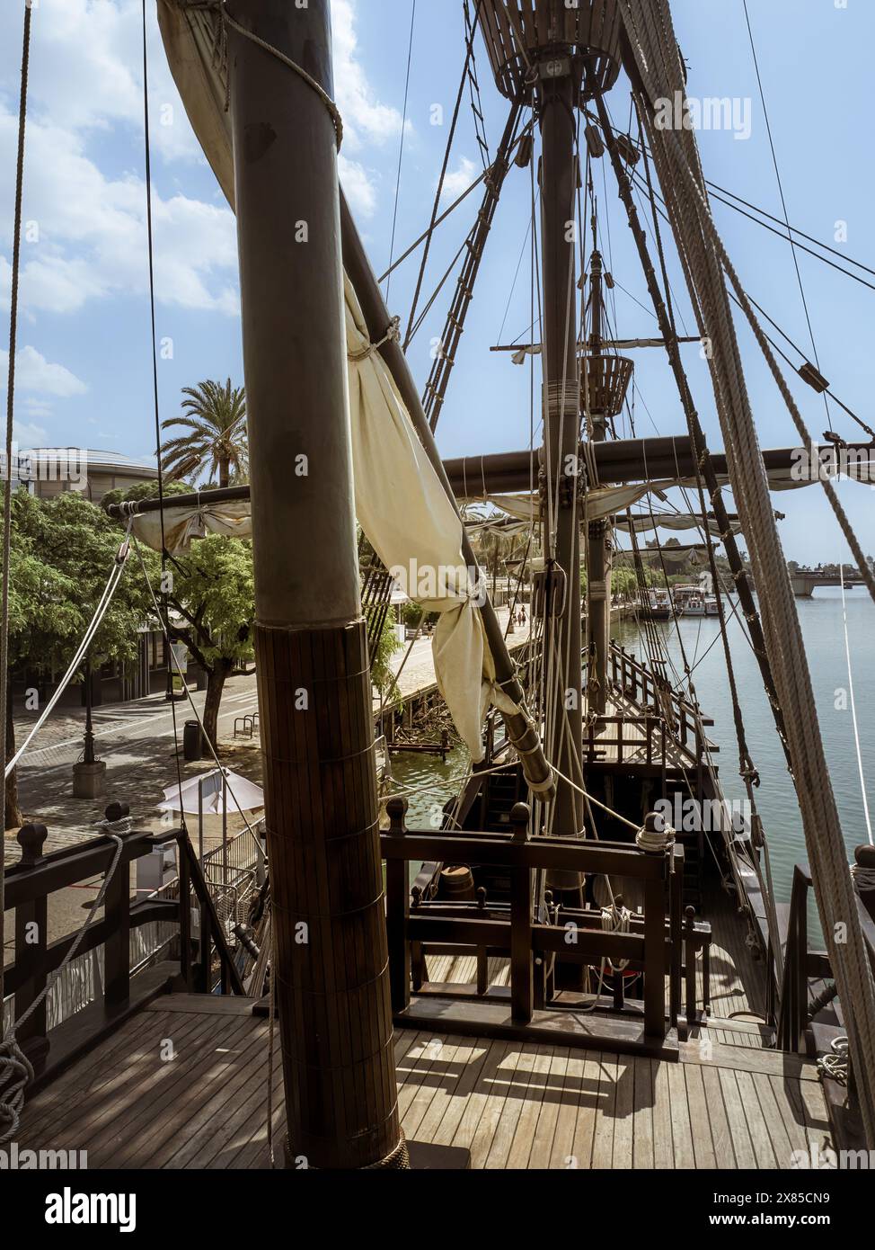 Rigging and ropes on an old sailing ship to sail as seen from the deck ...