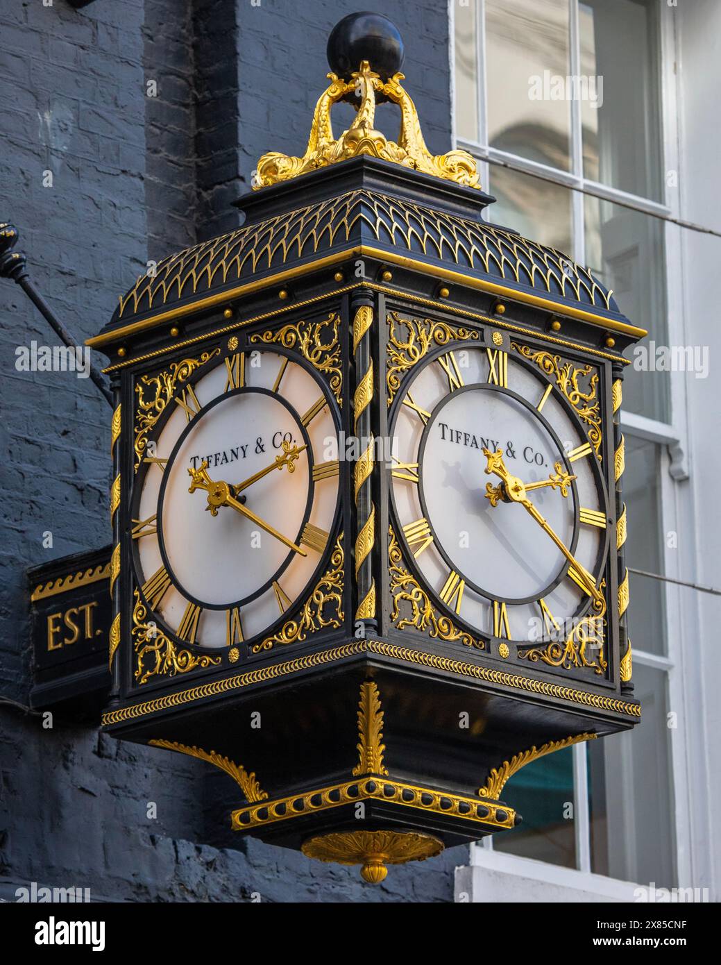 London, UK - February 26th 2024: A Tiffany and Co clock on the exterior ...