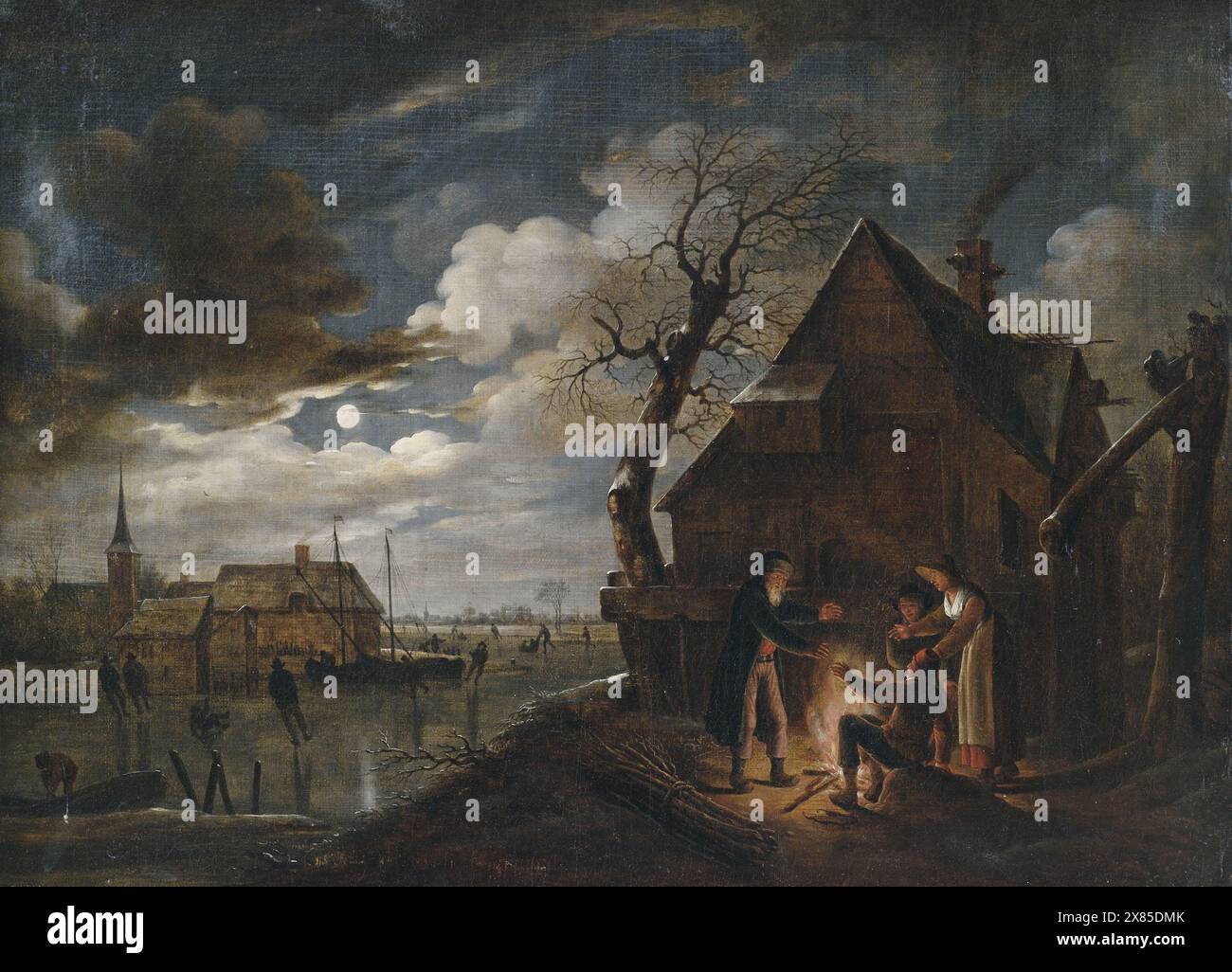 Dutch landscape in moonlight with figures Attributed to Aert van der ...
