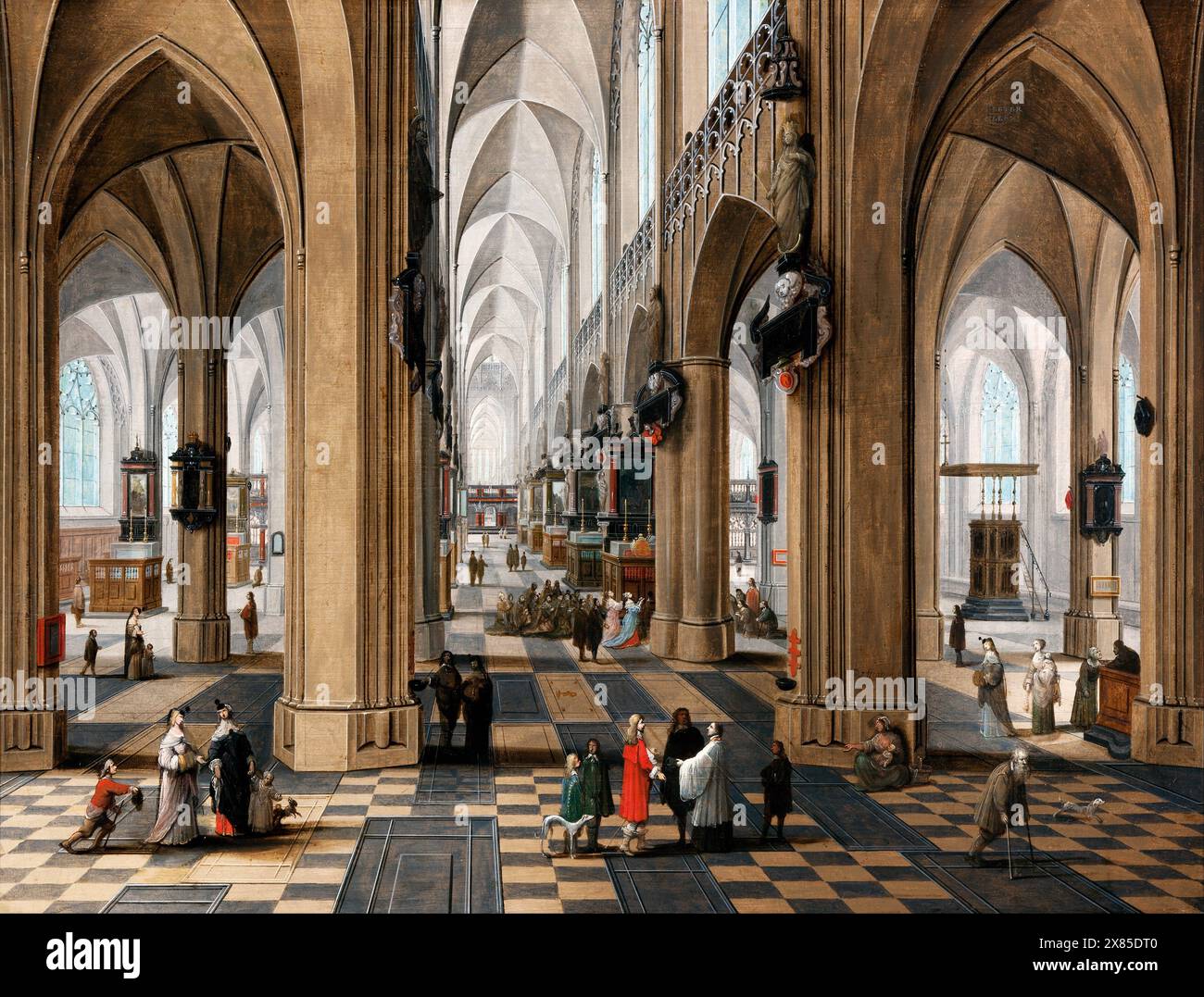 A church interior with elegant figures strolling and figures attending ...