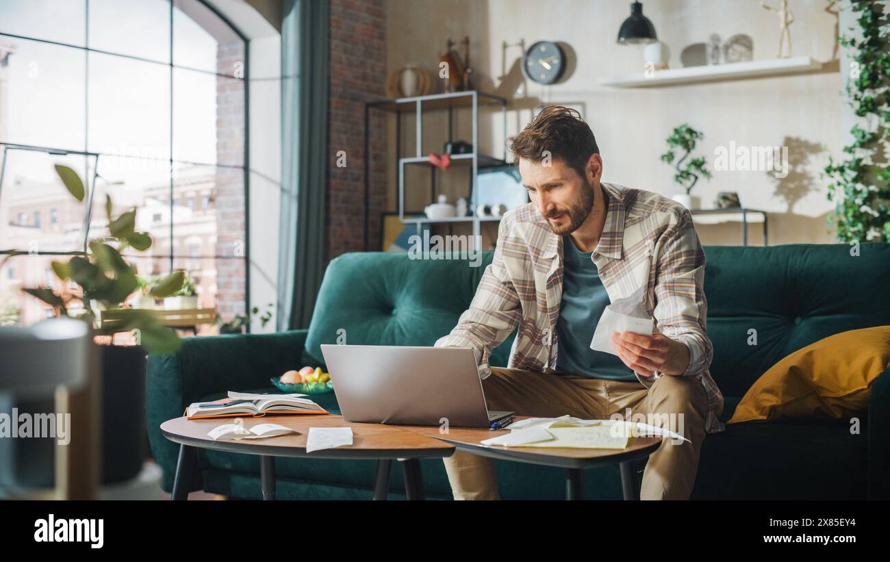 Happy Accounting at Home: Cheerful Smiling Man Using Laptop Computer ...