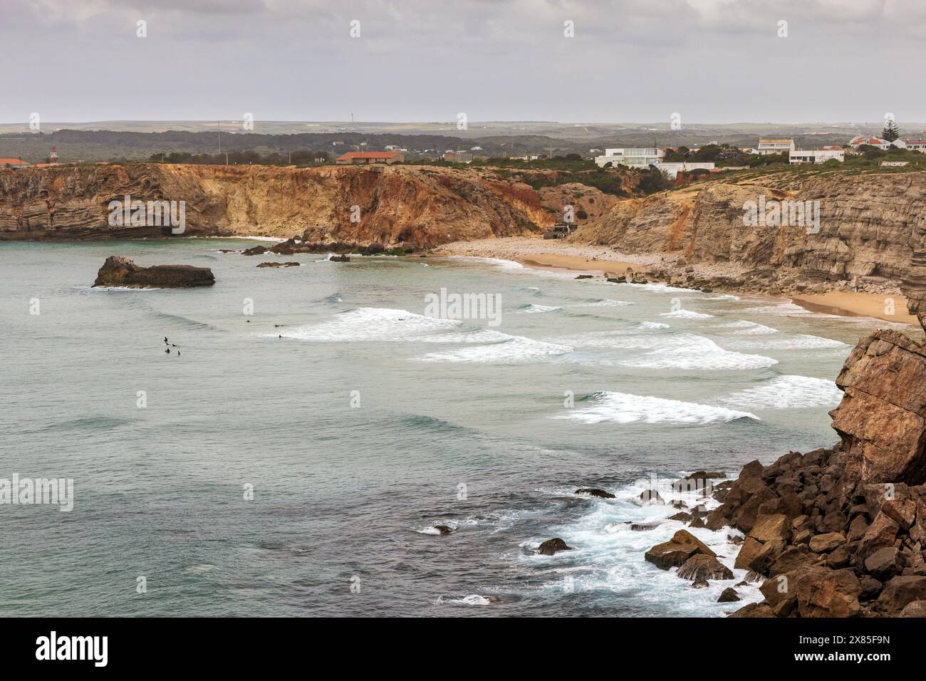 Elevated view of Praia do Tonel beach, Algarve, Portugal. The beach ...
