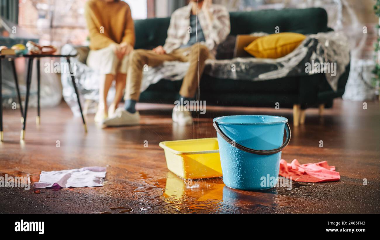 Roof is Leaking, Pipe Rupture at Home: Water Drips into Buckets in ...