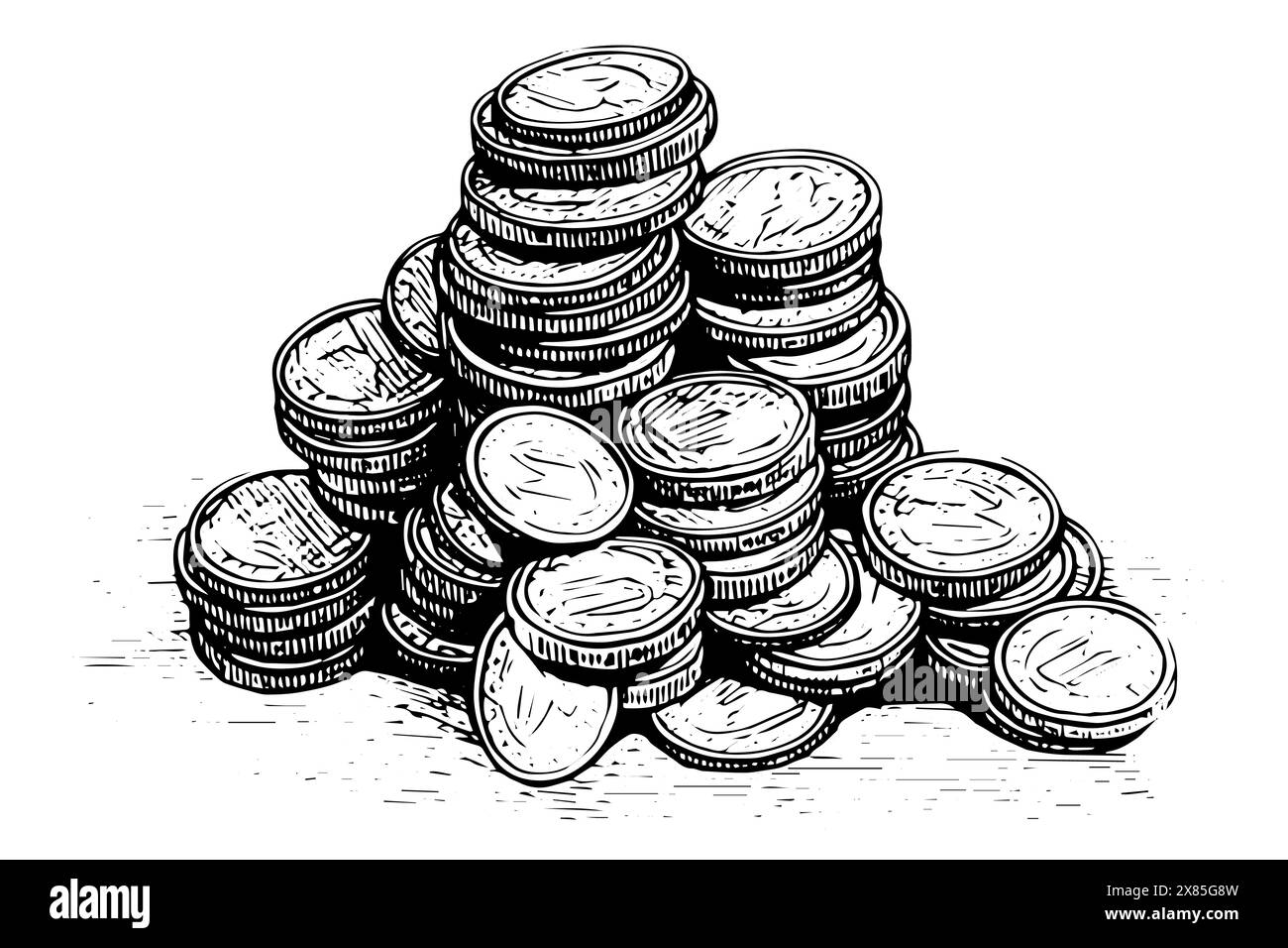 Stack of coins money in engraving style. Hand drawn ink sketch. Vector ...