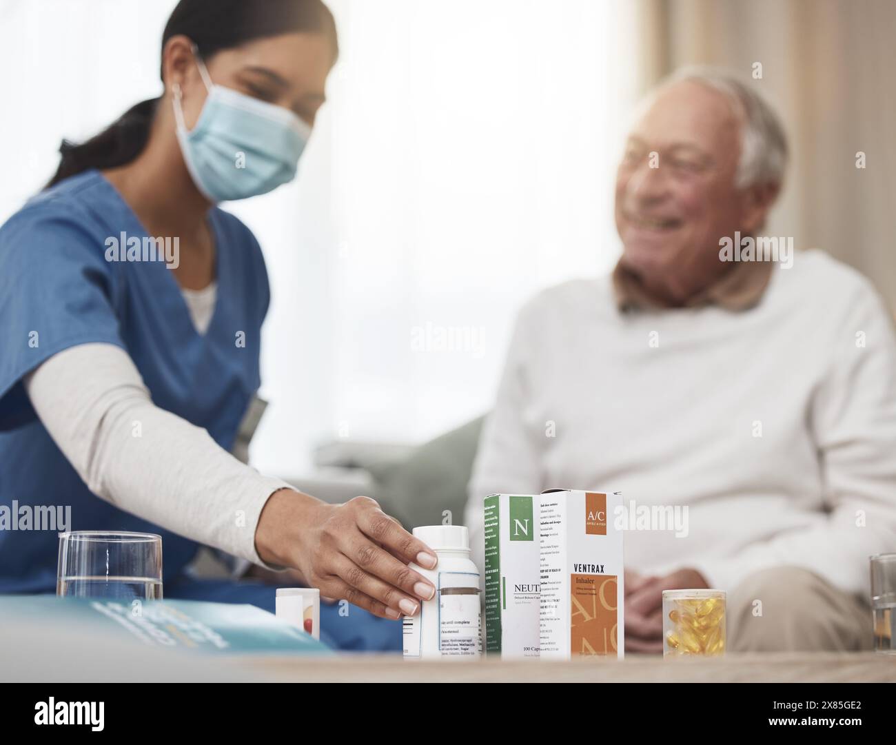 Patient, nurse and medication with checkup at home with healthcare ...