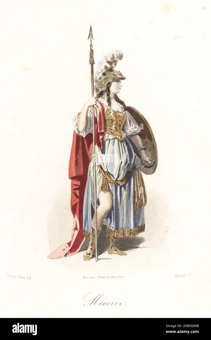 Woman in costume as the Roman goddess Minerva. In plumed helmet with ...
