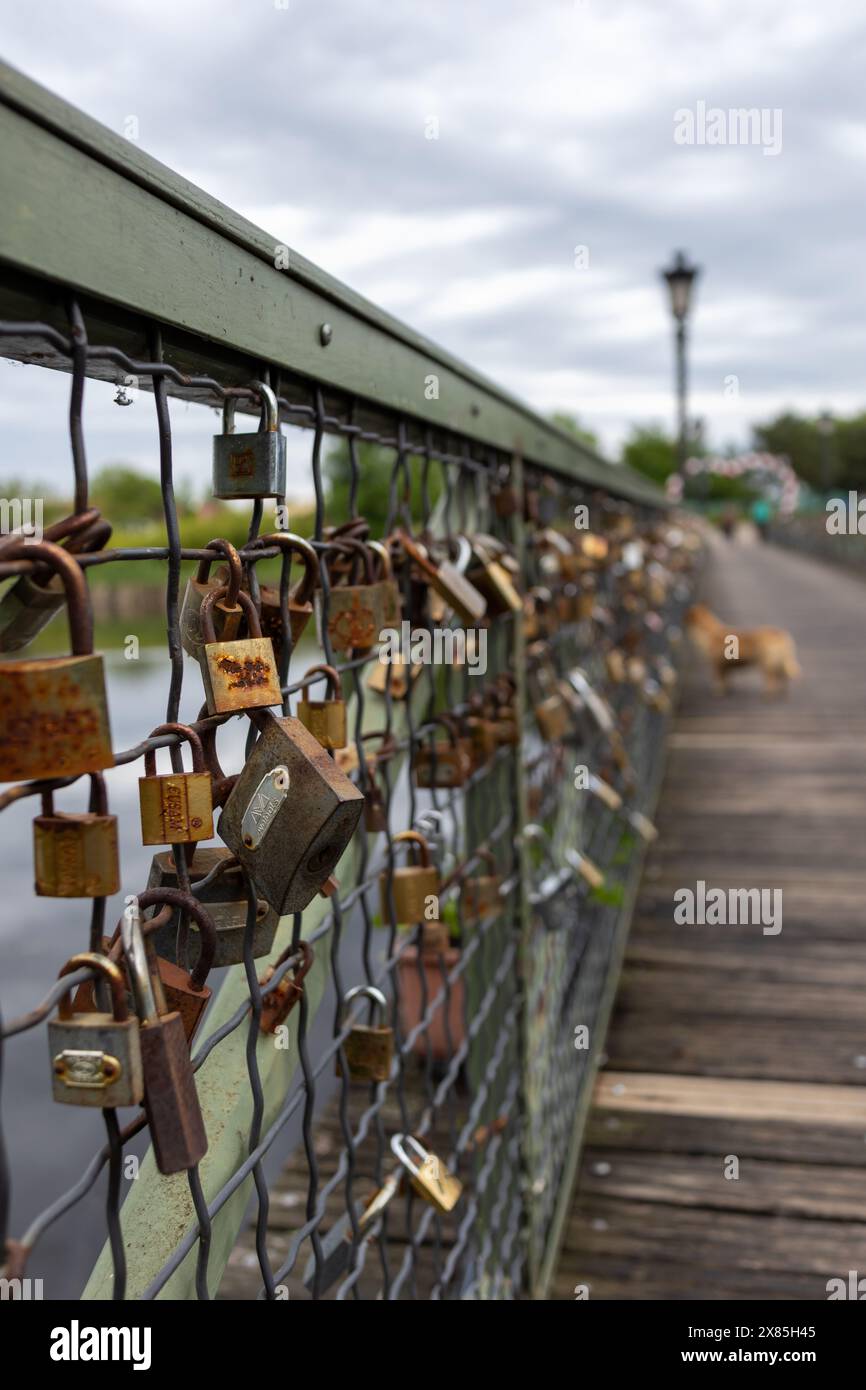 A close-up of numerous love locks attached to a bridge railing ...