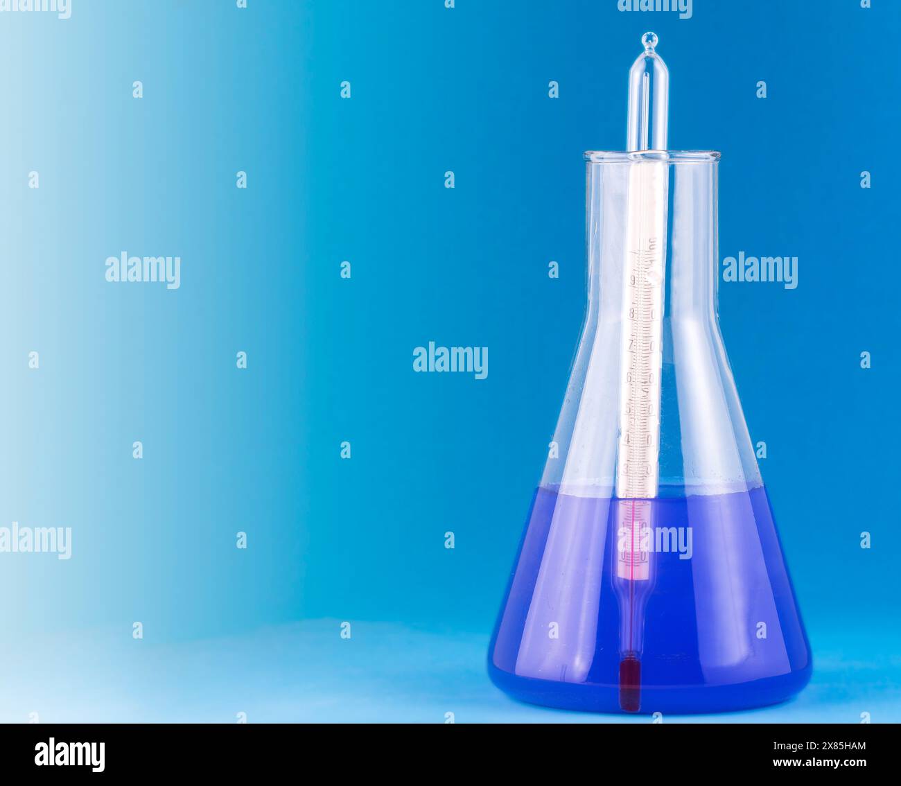 The laboratory flask with thermometer on blue background with copy ...