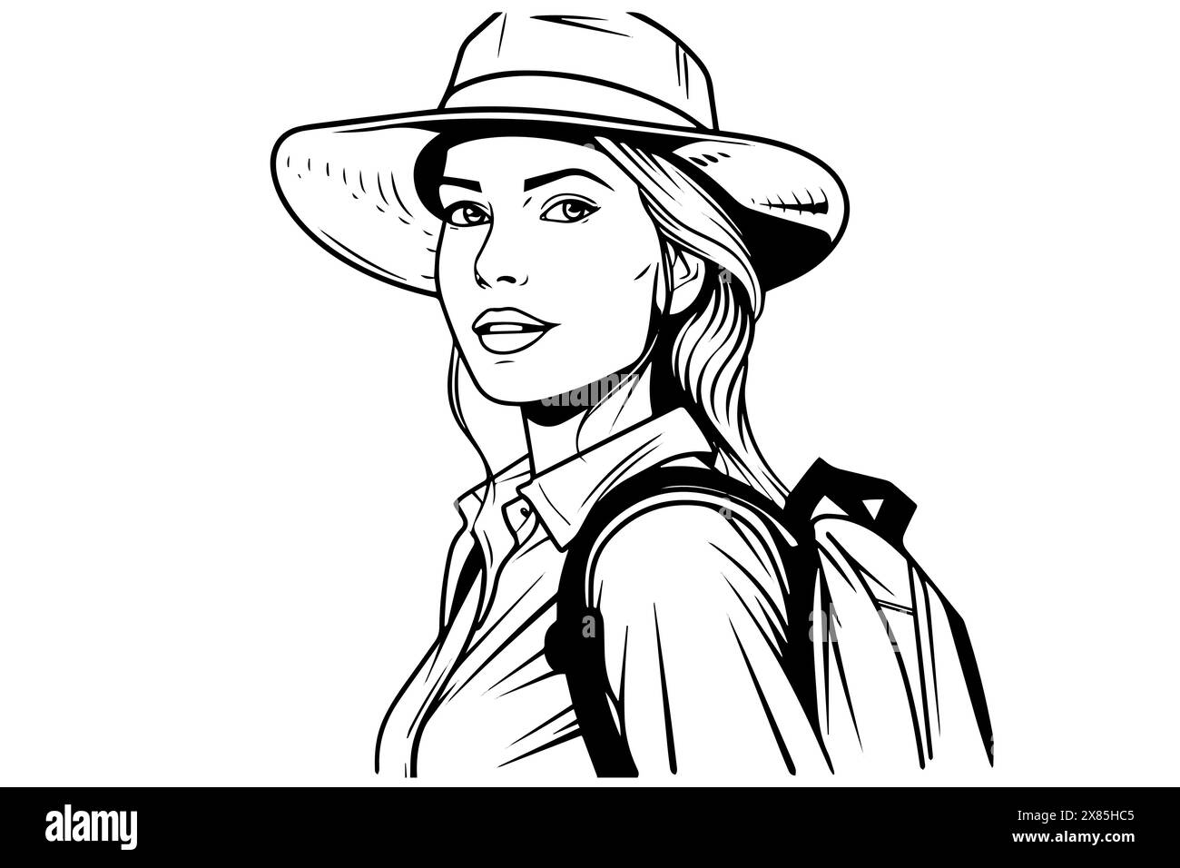 Girl explorer or traveller hand drawn ink sketch. Engraved style retro ...