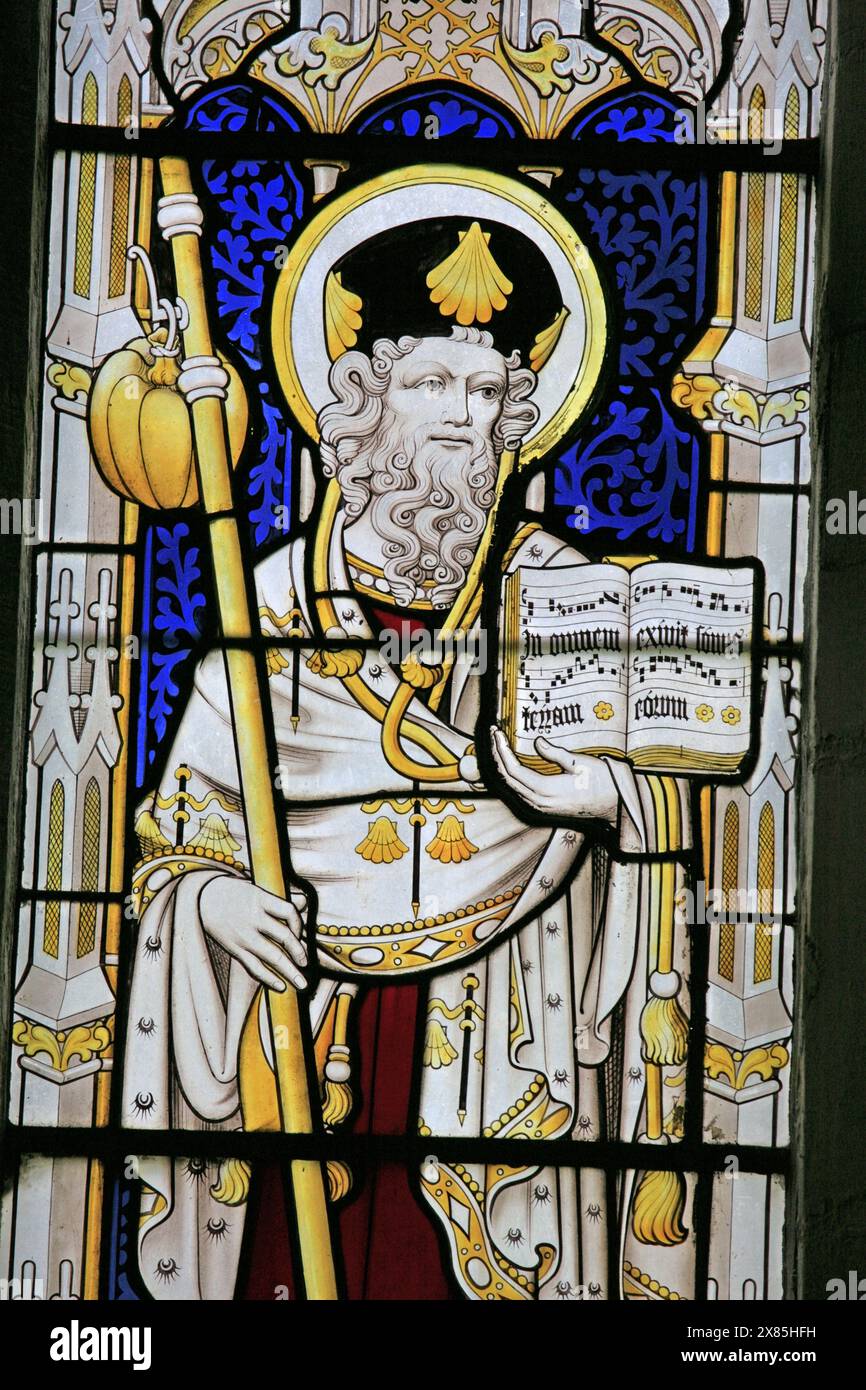 Detail of a stained glass window by Geoffrey Webb depicting St James ...