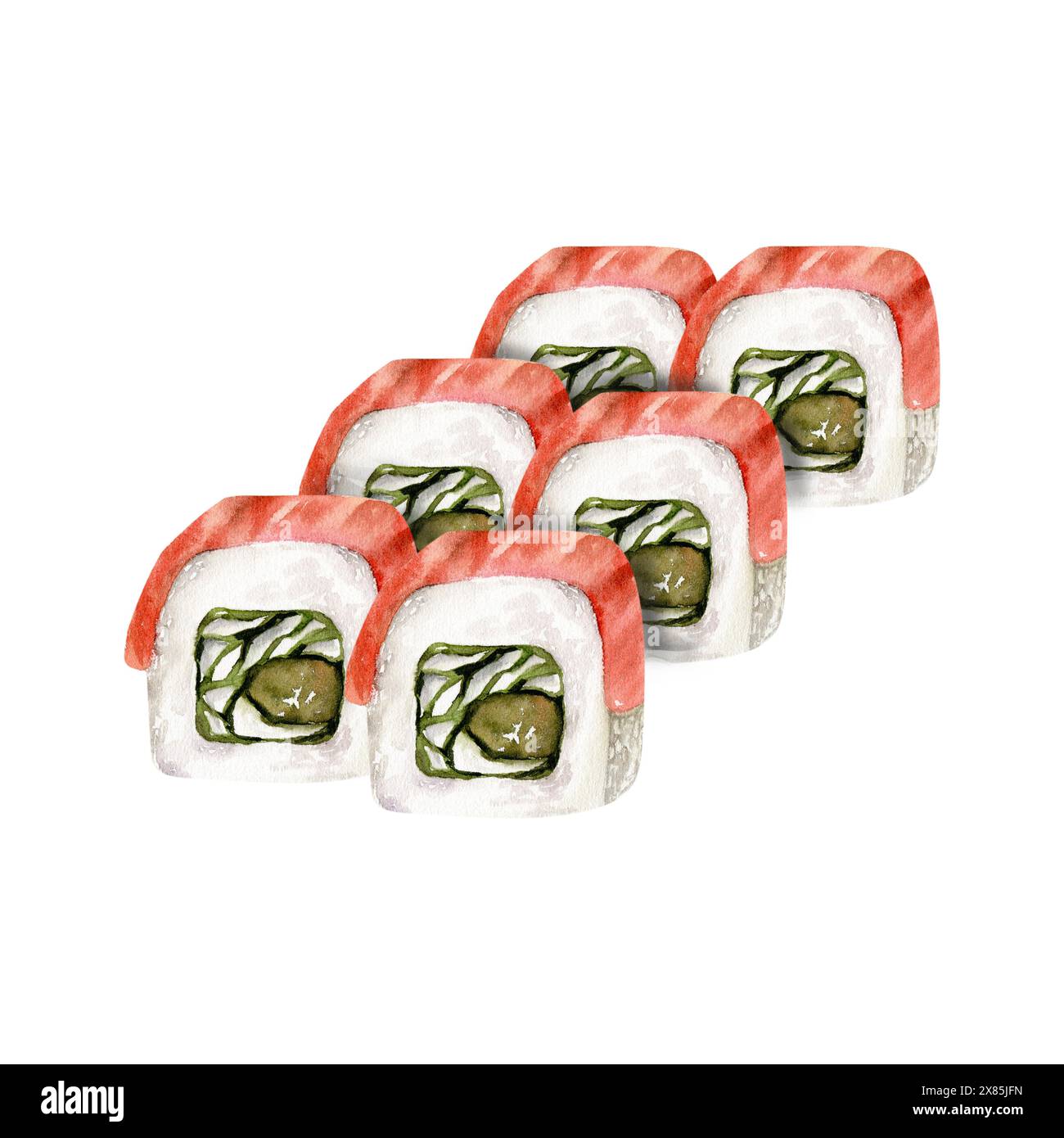 Sushi with salmon set watercolor illustration. Japanese sea food, maki ...