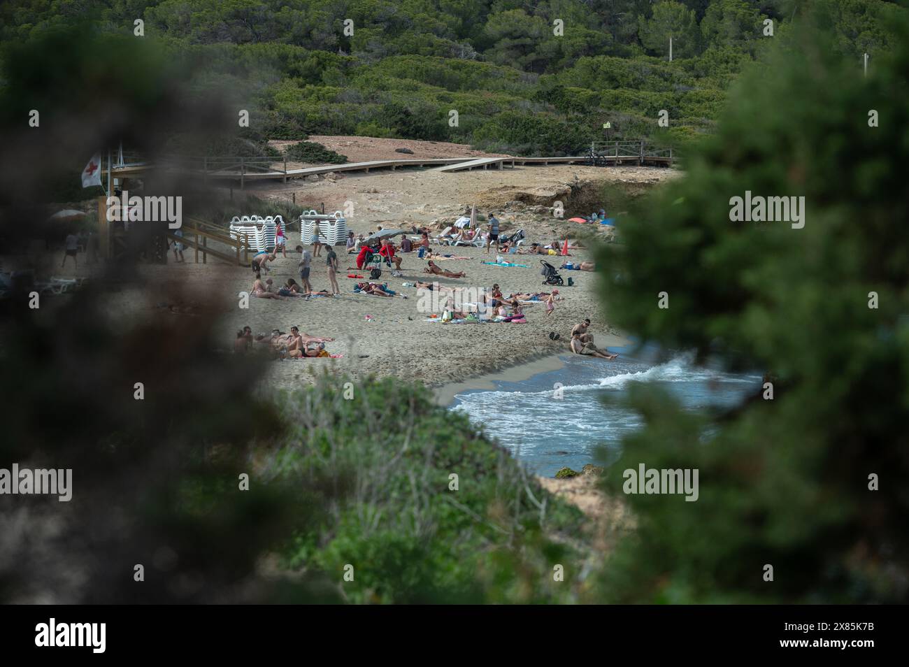 Cala Nova, Ibiza: 2024 May 12: Panorama on the tourist beach of Cala Nova on the island of Ibiza ...