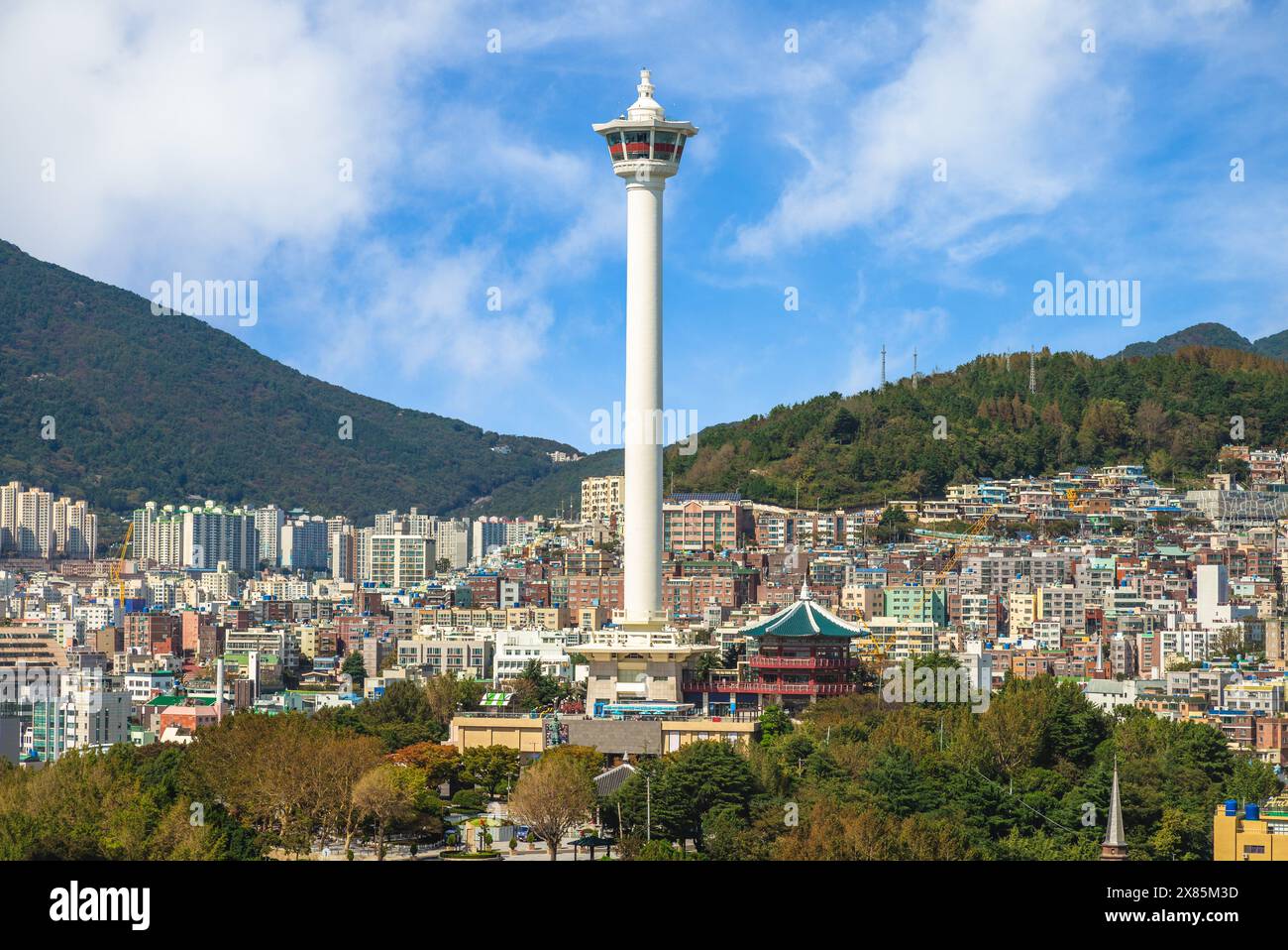 Busan Tower at the Yongdusan park located in Busan city, South Korea ...