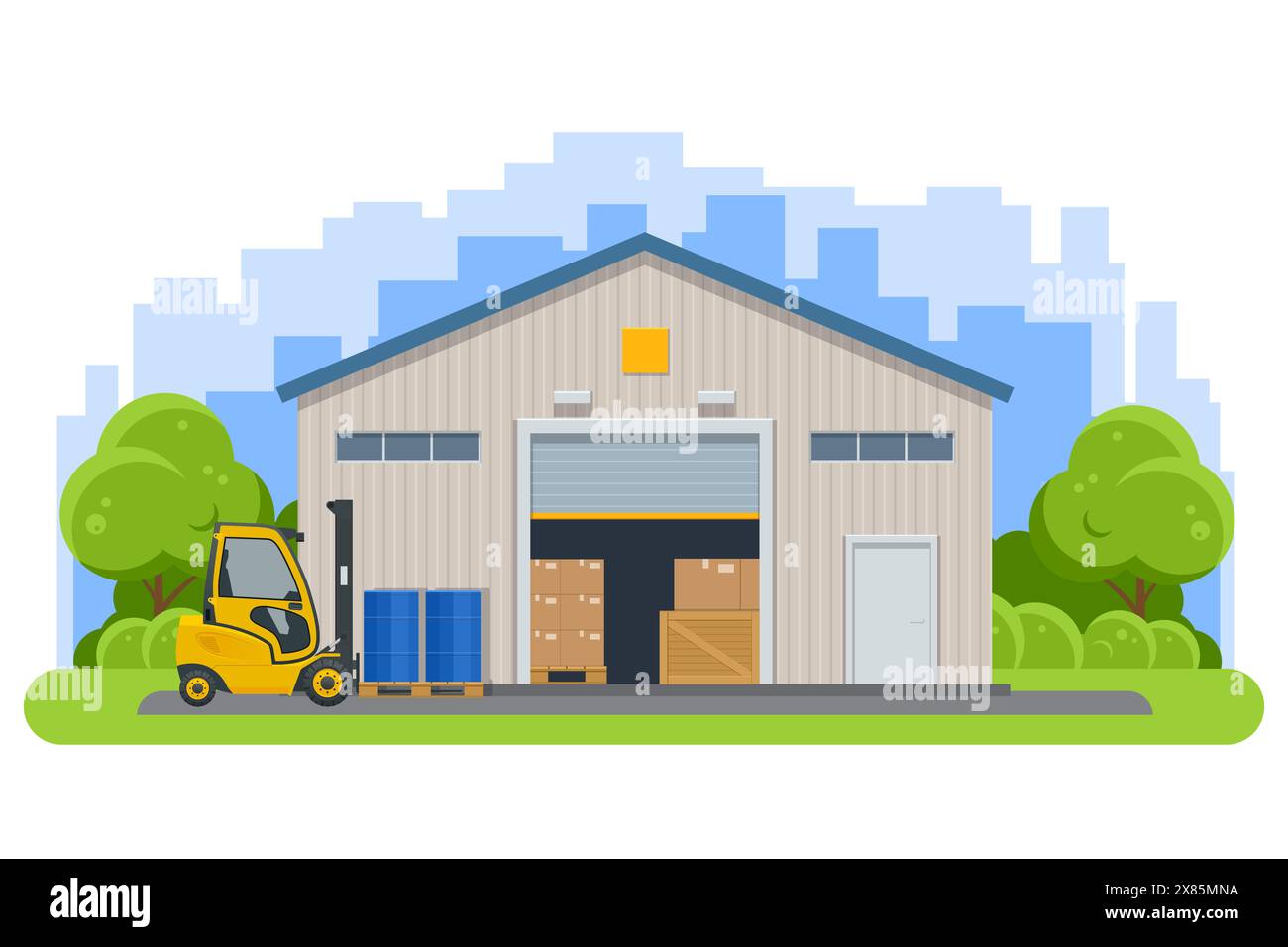 Isometric large modern warehouse with forklifts and truck. Warehouse ...