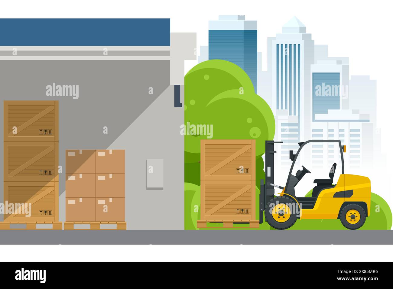 Isometric large modern warehouse with forklifts and truck. Warehouse ...