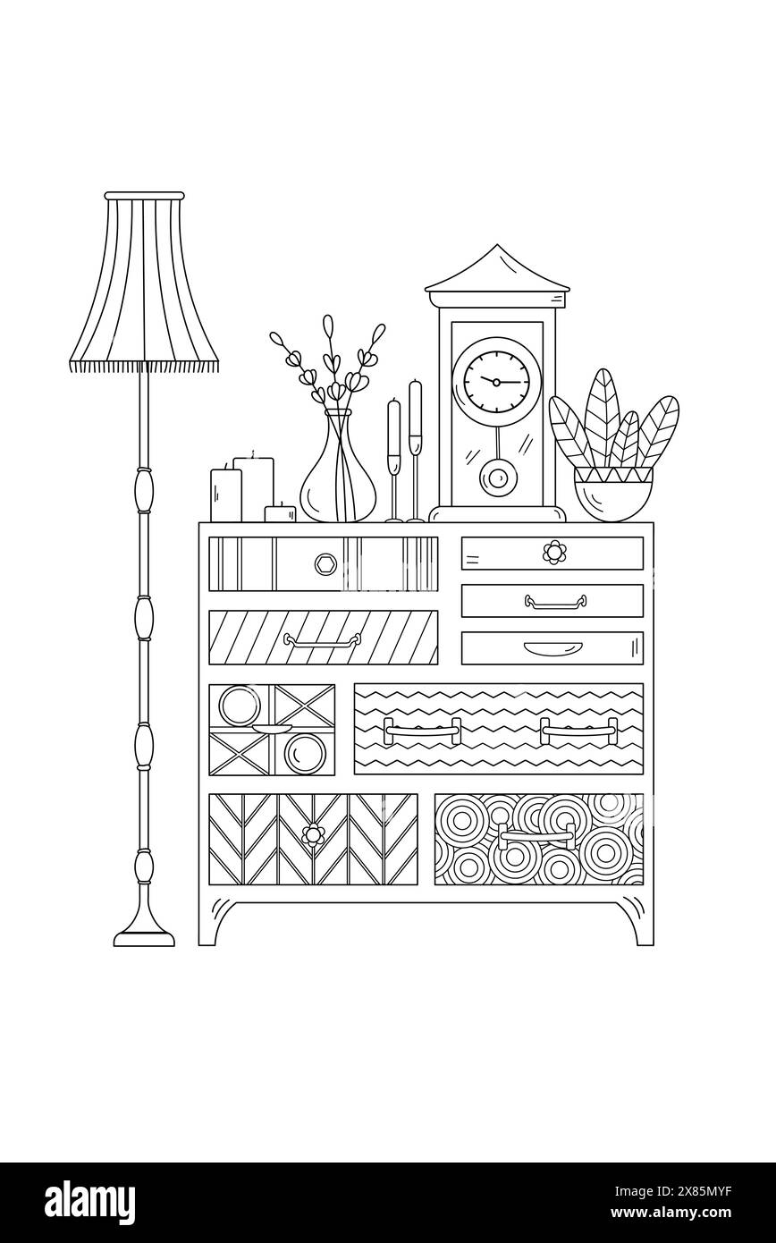 Retro Dresser With Lamp, Clock, Plant, And Candles Coloring Page For ...