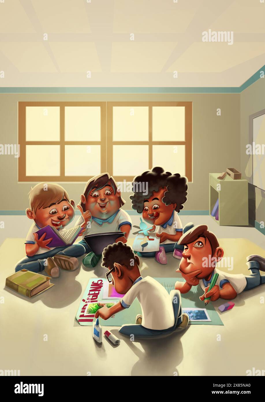 elementary school students doing school work together Stock Photo - Alamy