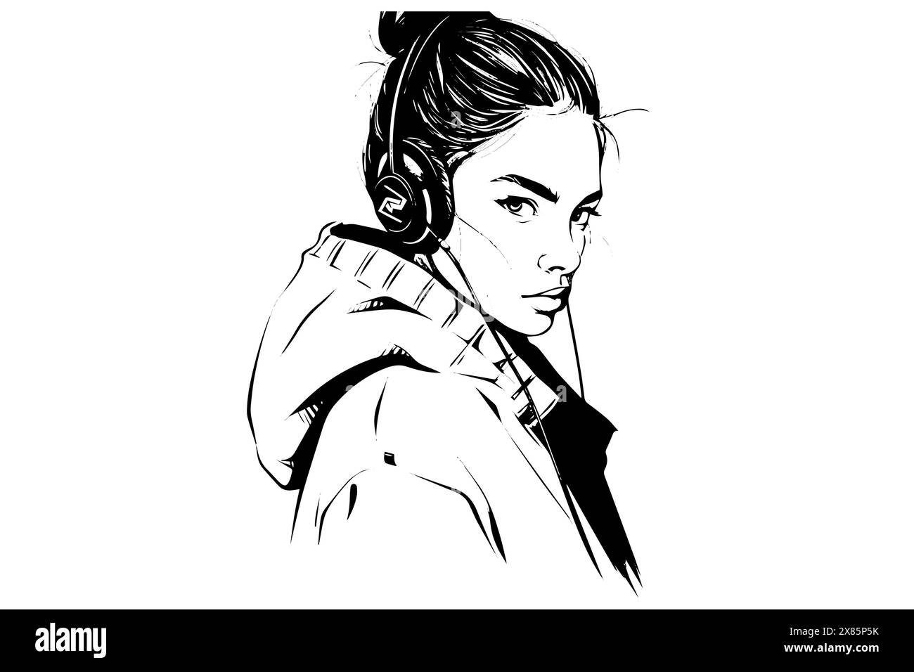Focused strong student girl in headphones with beauty face vector ...