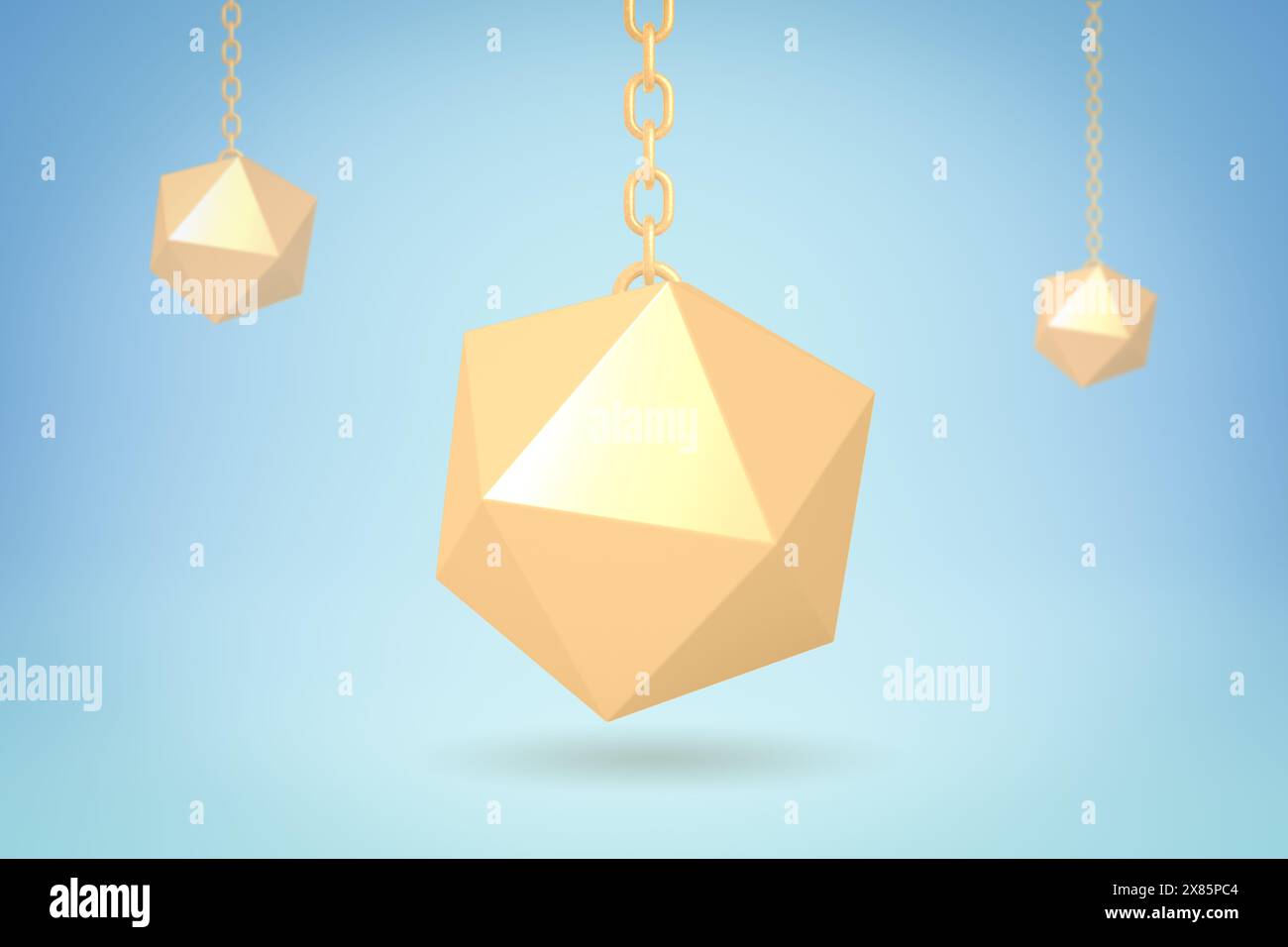 3d rendering of three chained golden polygon models on blue background Stock Photo - Alamy