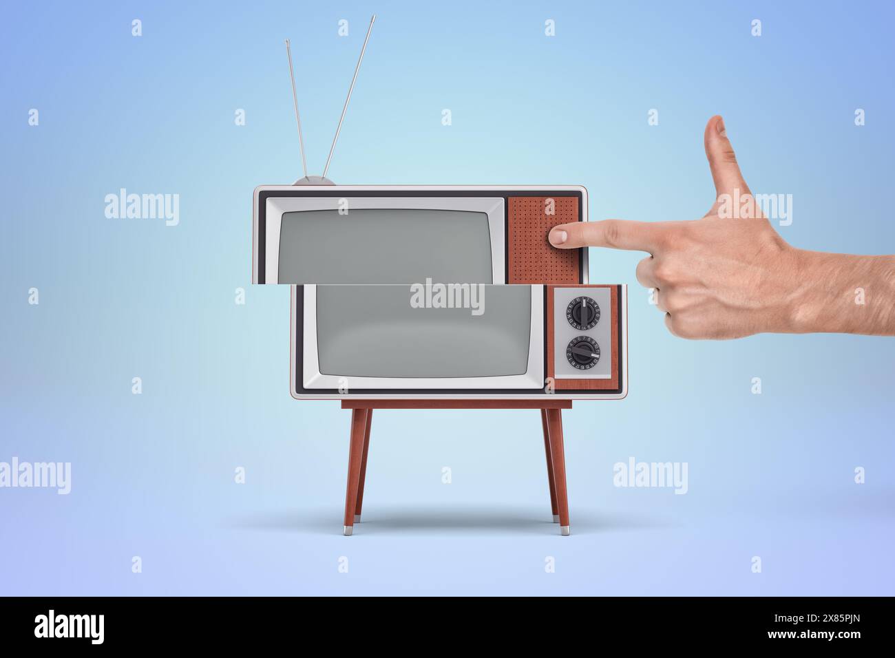 Hand pressing vintage television button Stock Photo - Alamy