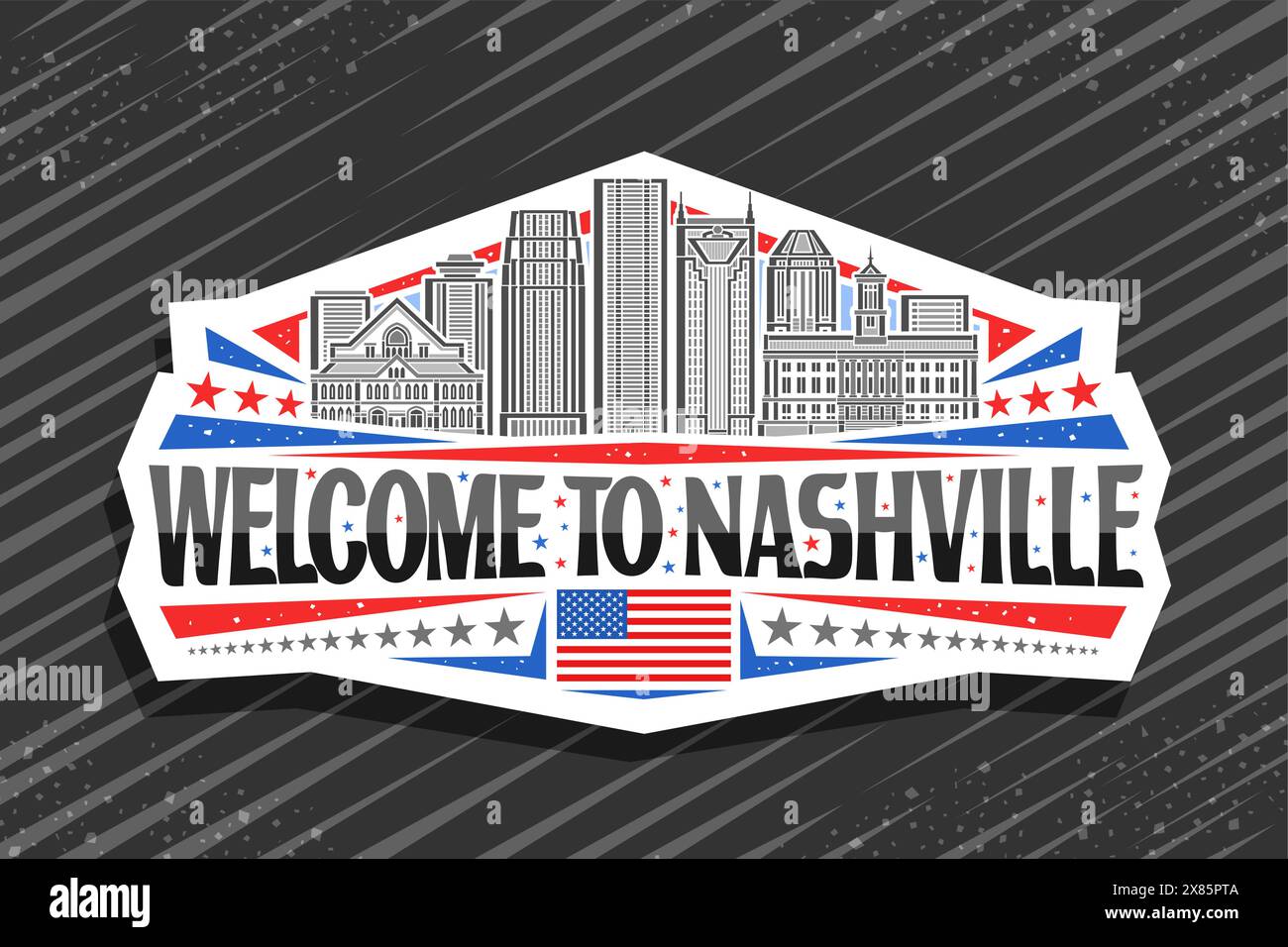 Vector logo for Nashville, white decorative label with illustration of ...