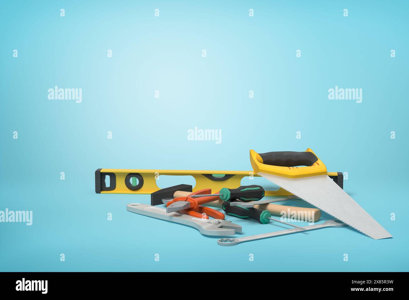 Tools laid out from toolbox on blue surface Stock Photo - Alamy