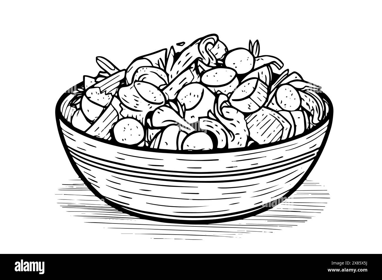 Food dish. Salad bowl with healthy vegetable on a plate vector sketch ...