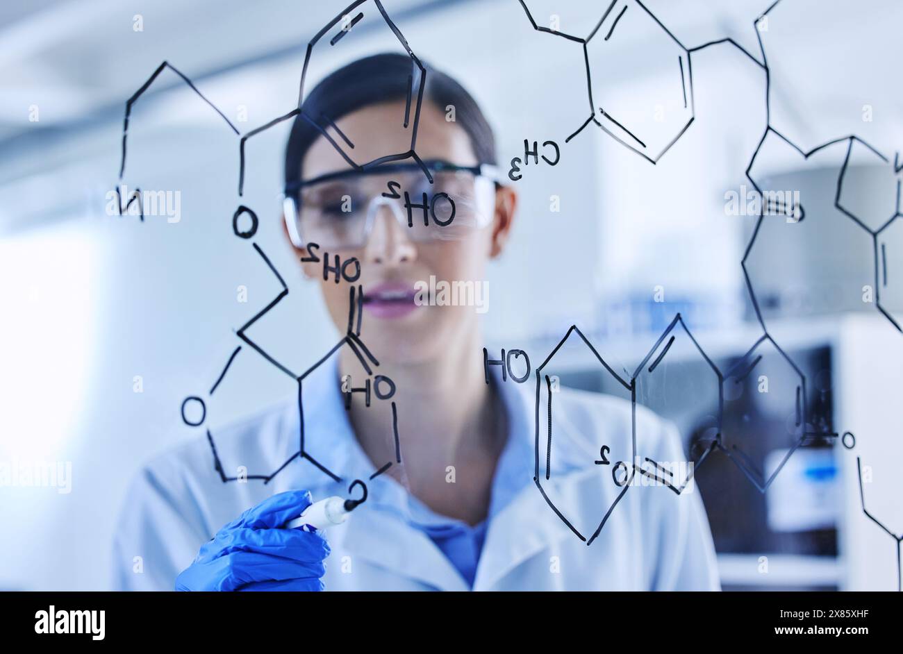 Glass, hand and scientist writing molecule for chemistry, research or ...