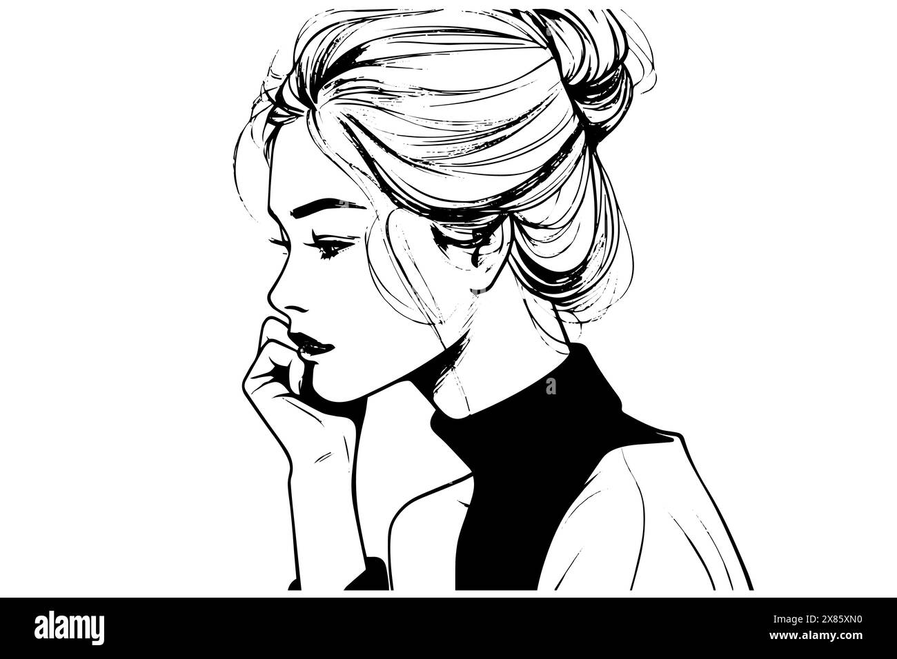 Sad girl portrait hand drawn ink sketch. Engraved style retro vector ...