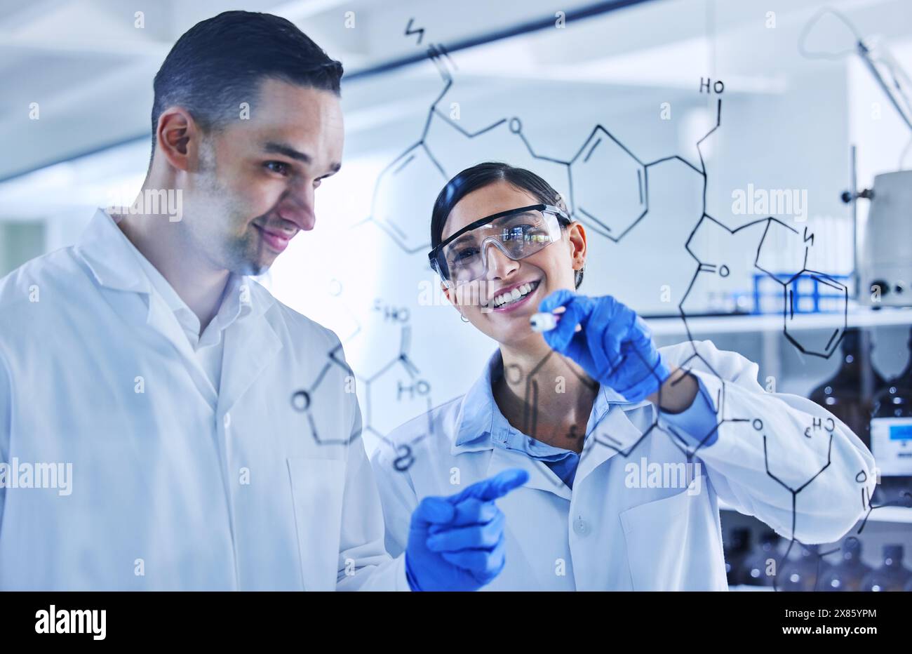 Team, scientist and writing on board for chemistry molecule, research ...