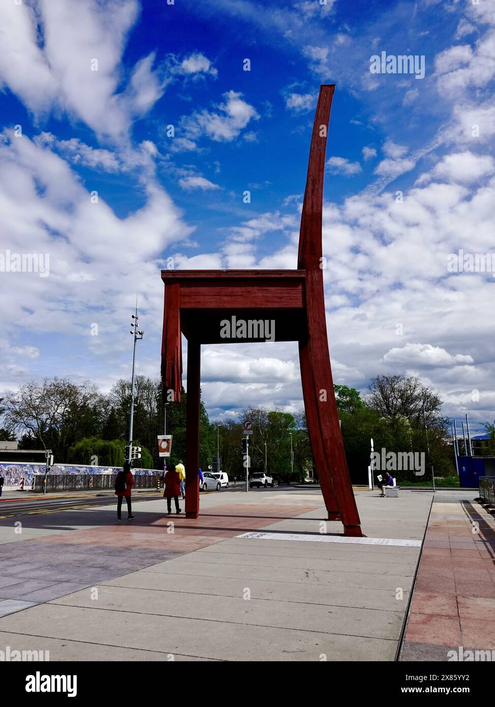 Giant chair with broken leg, across from the Palace of Nations ...