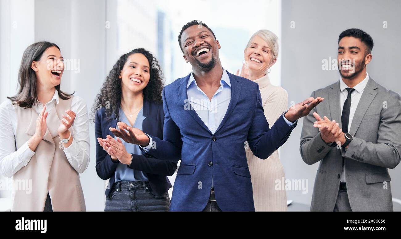 Business people, smile and clapping in office for promotion of coworker ...