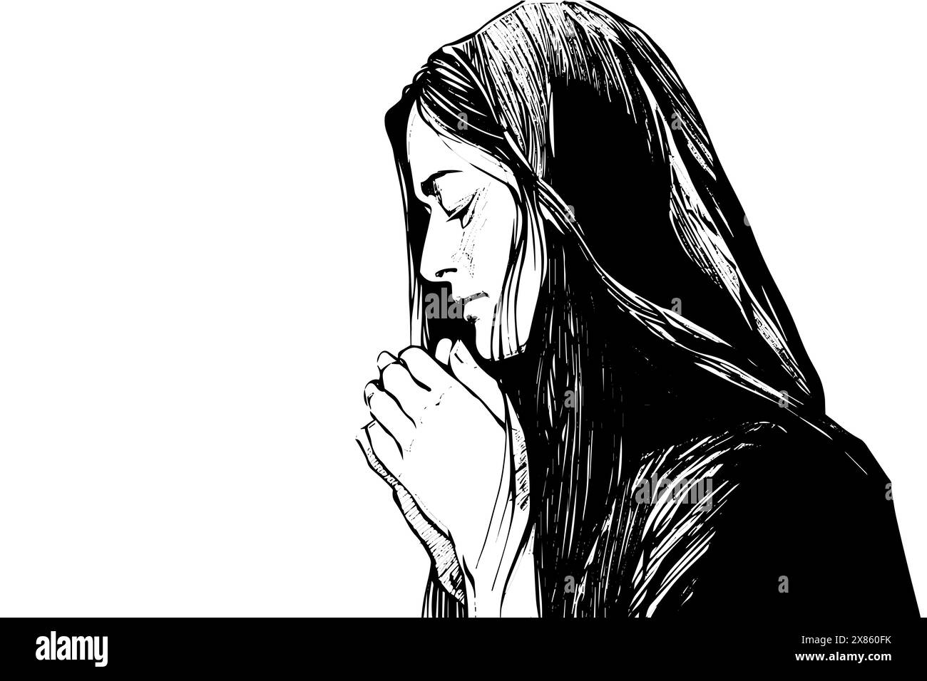 Woman praying hand drawn ink sketch. Engraved style vector illustration ...