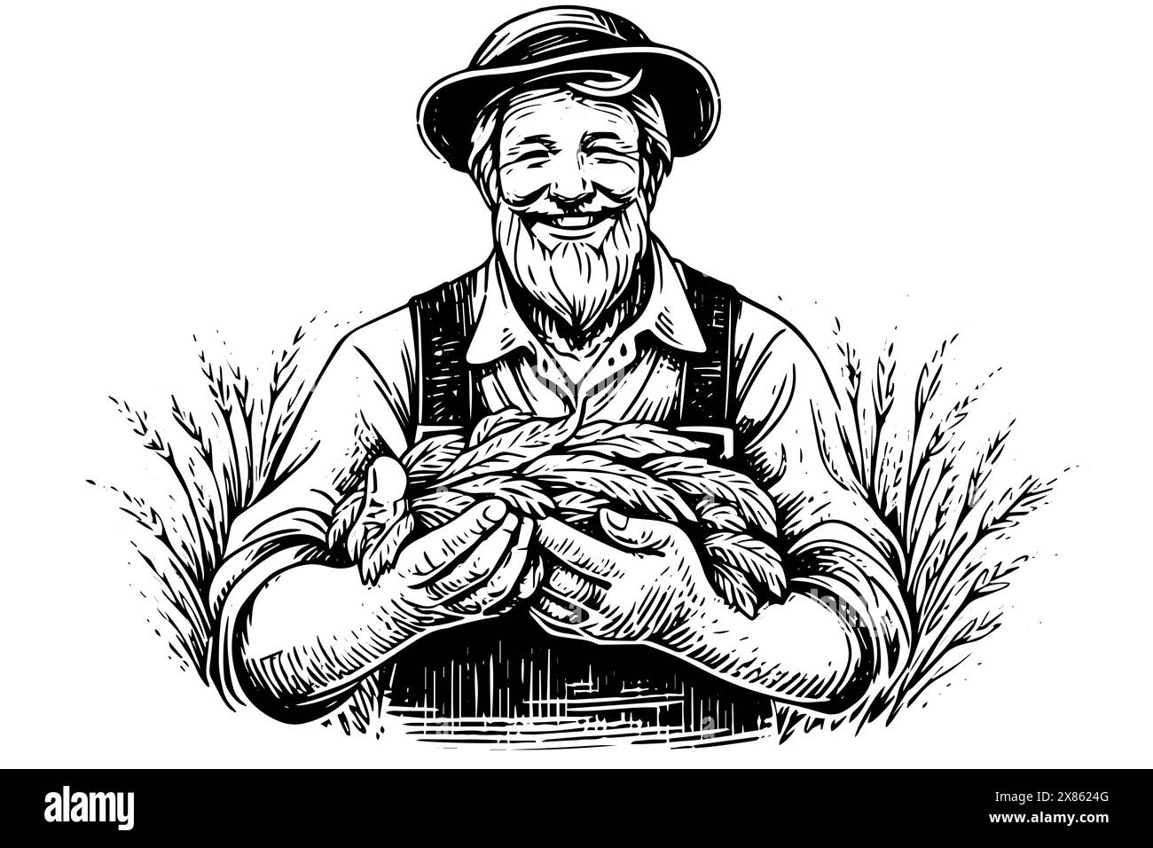 Happy farmer in hat with the harvest in hand engraving style. Hand ...