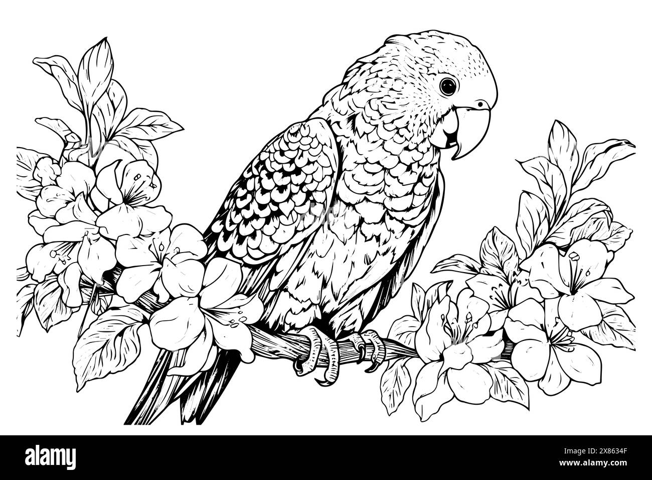 Parrot sitting on a branch hand drawn ink sketch. Engraved style vector ...