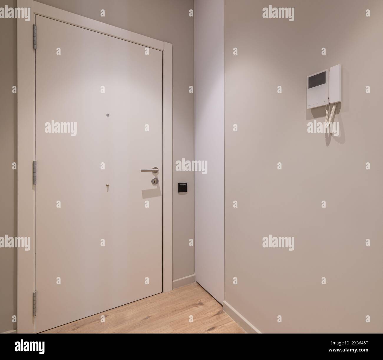 Minimalist interior design with modern front door and intercom system ...