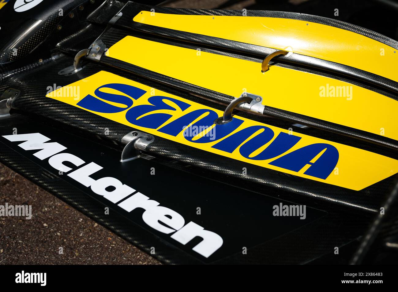 The Ayrton Senna tribute livery on the McLaren F1 Team MCL38, during ...