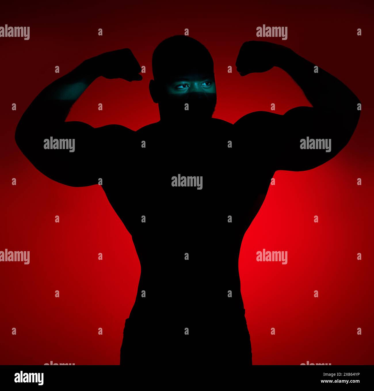 Shadow, muscle and man flexing, fitness and challenge for wellness on ...