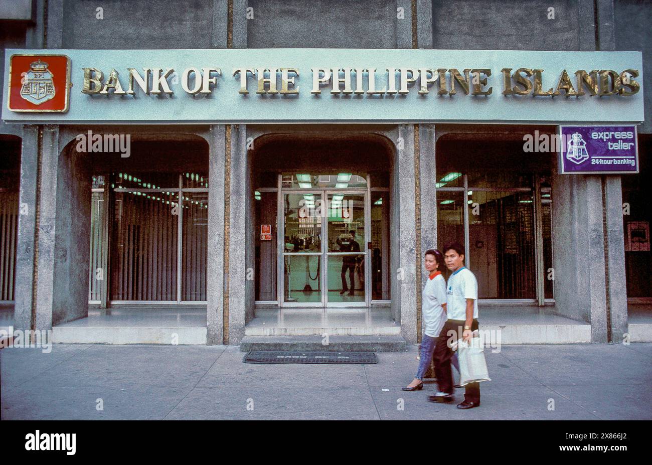 Philippines, Manila; Exterior of the bank of the Philippine Islands in ...