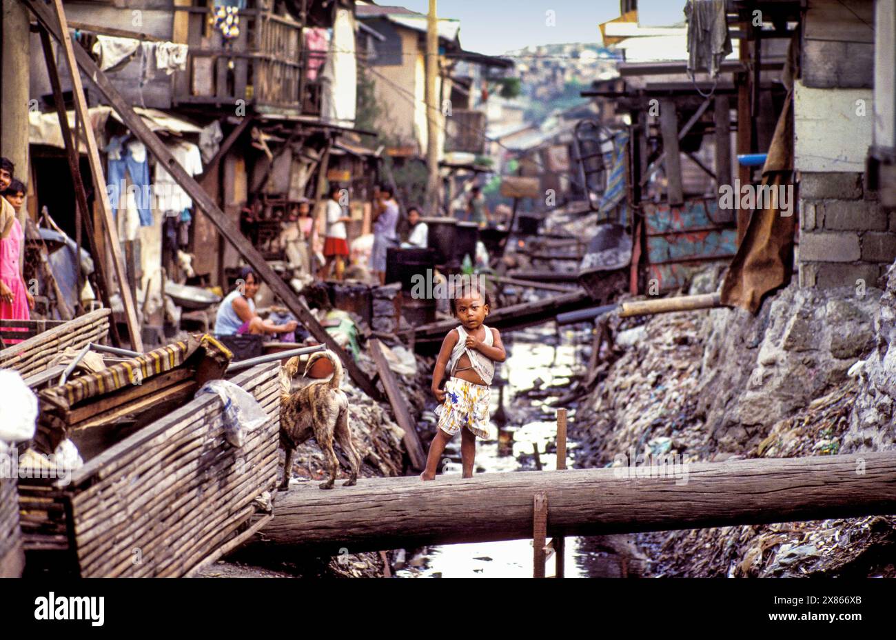 Philippines, Manila; Little boy on a plank over an open sewer of the ...