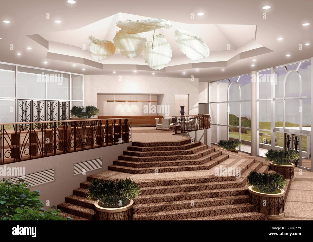 3d interior rendering of the lobby of a luxurious and modern golf club ...