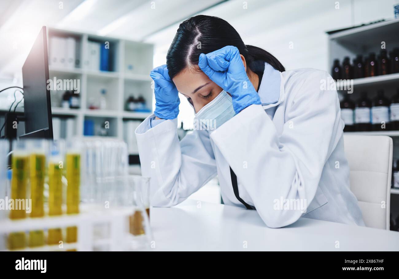Tired, woman and medical researcher with headache and test tubes for ...