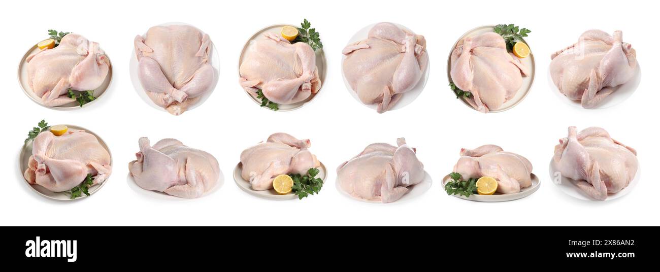 Set of whole raw chicken isolated on white, top and side views Stock ...