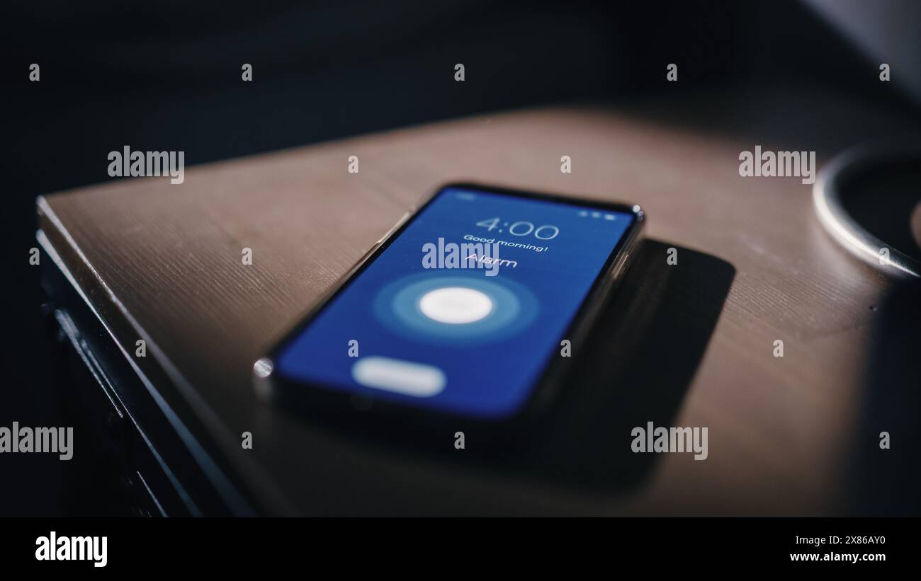 Smartphone Alarm Clock App Rings for Wake up, Screen Shows "Good ...